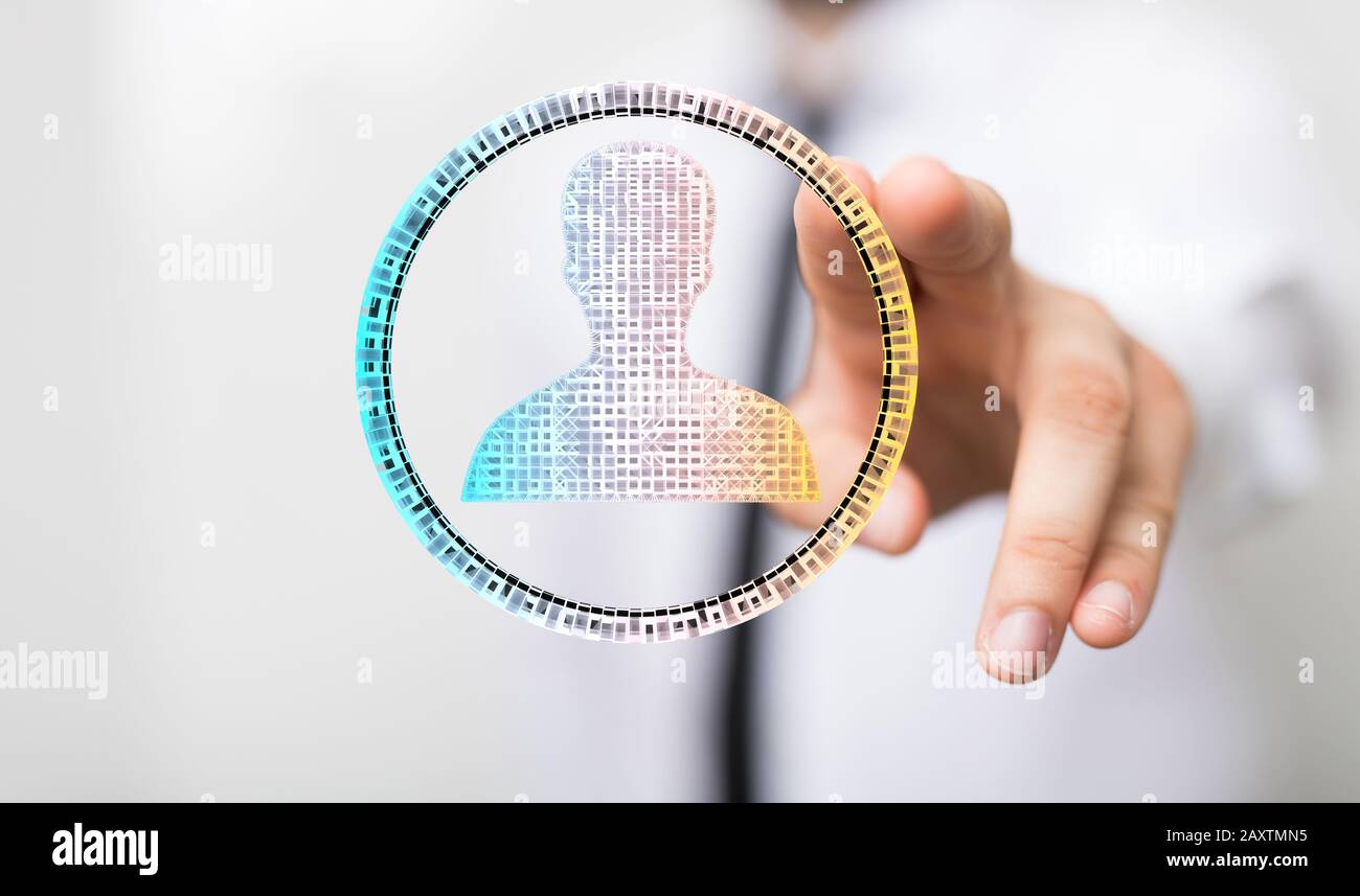 Person presenting the virtual projection of a human head Stock Photo ...