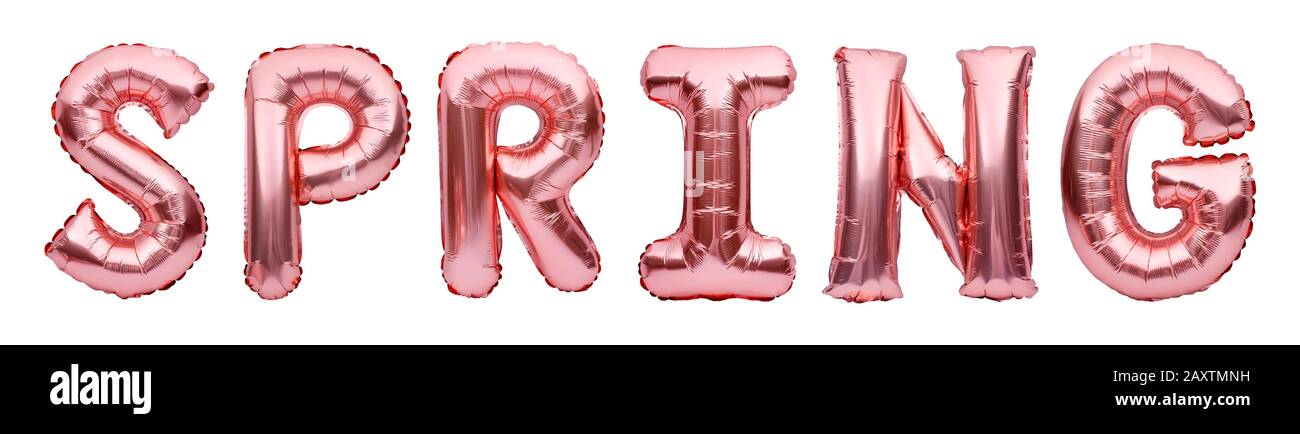 Pink golden word SPRING made of inflatable balloons isolated on white ...