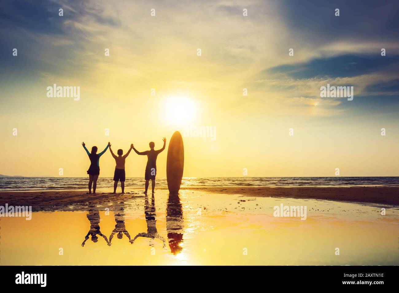 Silhouette of surf man happy friend group stand with surfboard, open ...