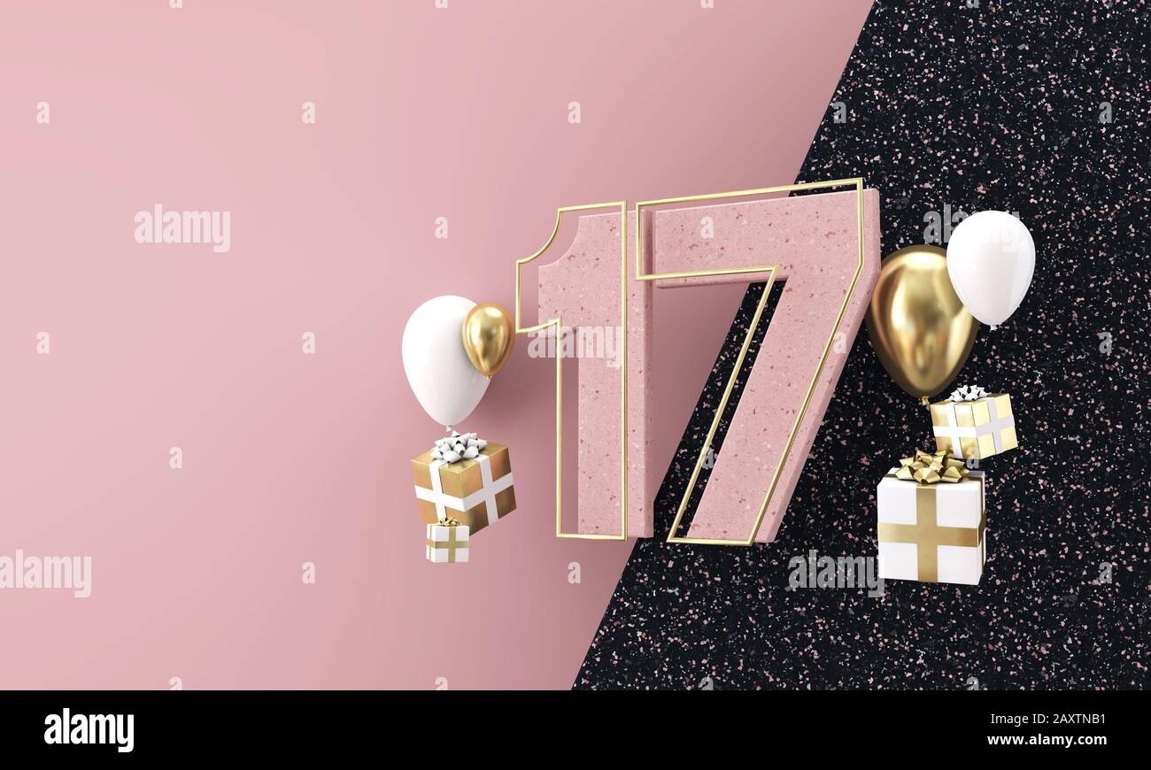 Happy 17th birthday party celebration. Modern marble composition 3D ...