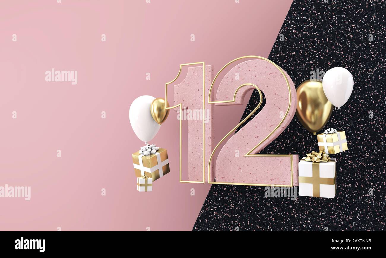 Happy 12th birthday party celebration. Modern marble composition 3D ...
