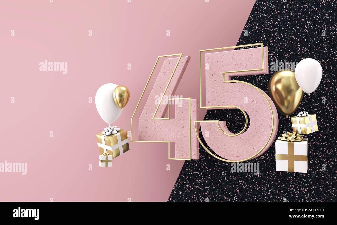 Happy 45th birthday party celebration. Modern marble composition 3D ...