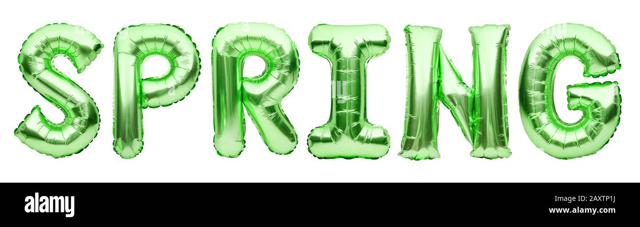 Green word SPRING made of inflatable balloons isolated on white ...
