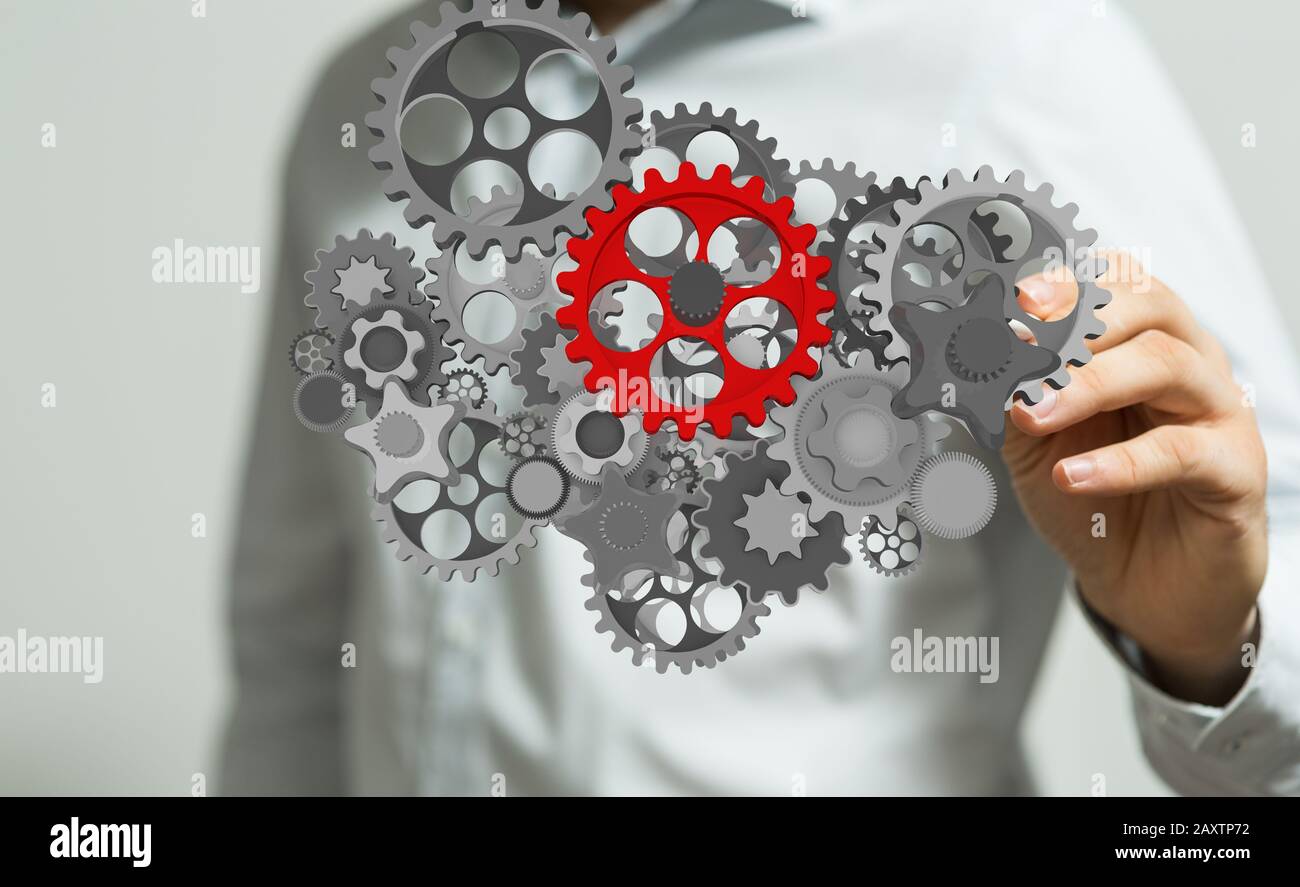 Illustration of different pieces of gears with a red gear in the middle ...