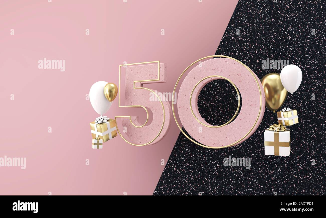 Happy 50th birthday party celebration. Modern marble composition 3D ...