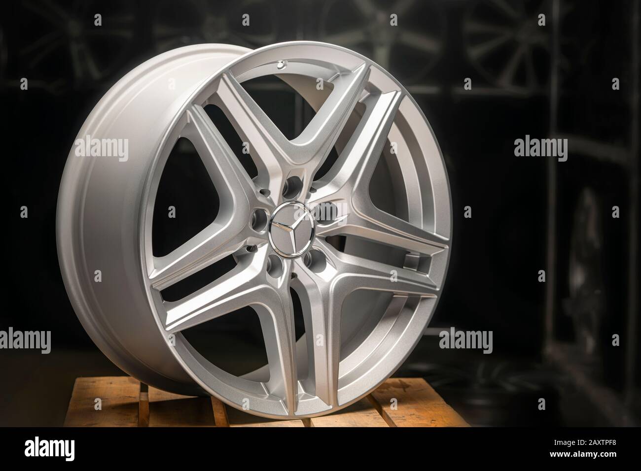 Mercedes Benz logo aluminum cast wheel, close-up, original silver wheel ...