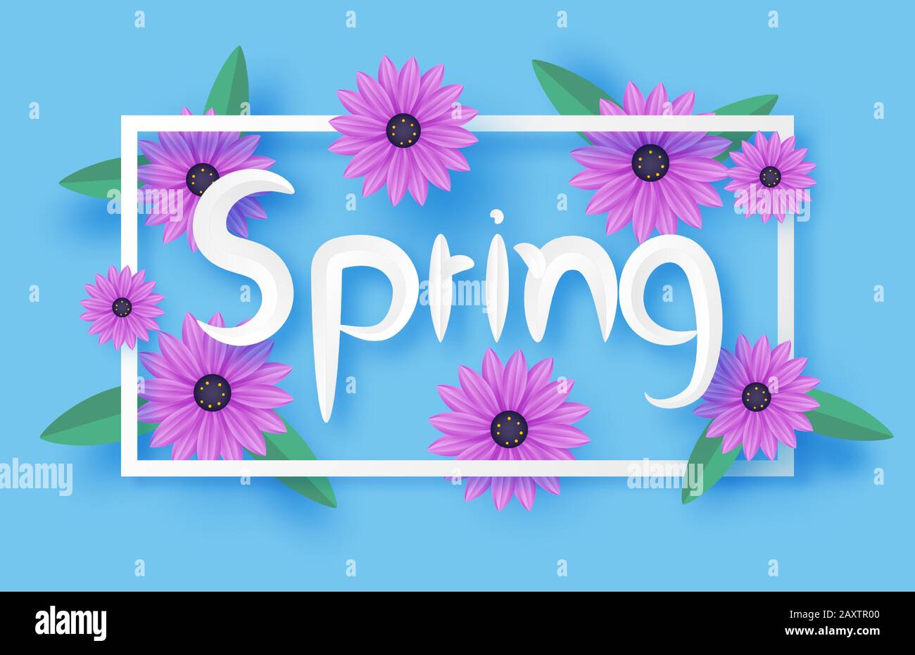 Spring banner with purple flower and frame in paper cut style. Vector ...