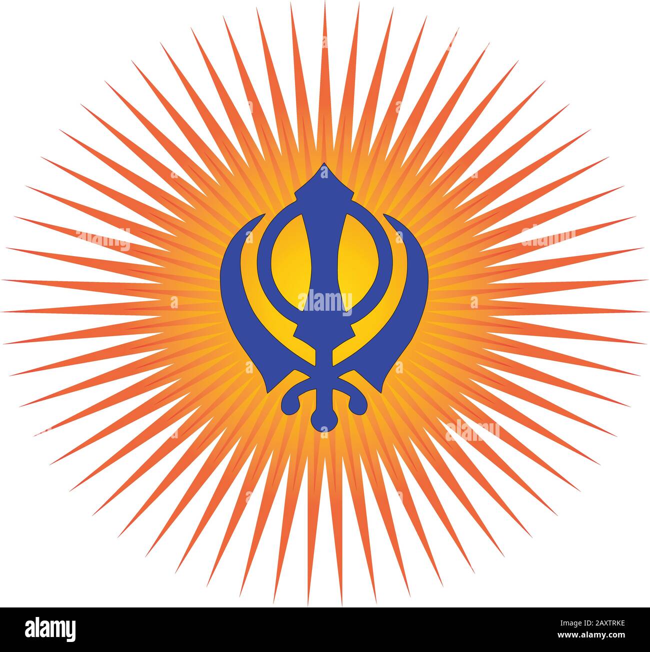 The main symbol of Sikhism – sign Khanda. Red and gold gradient rays ...