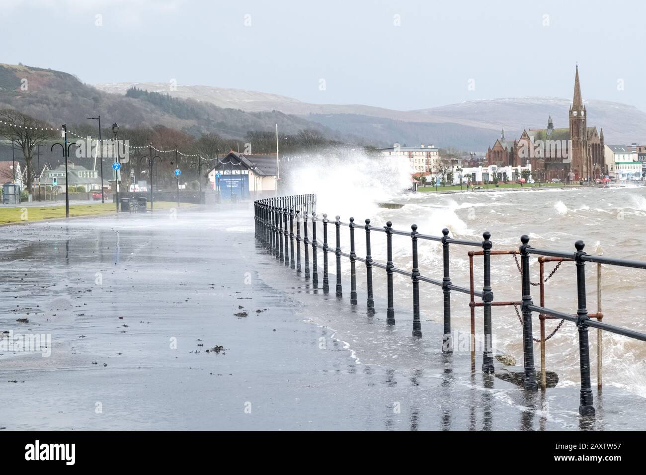 Largs, Scotland, UK - February 10, 2020: Largs promenade at high tide ...