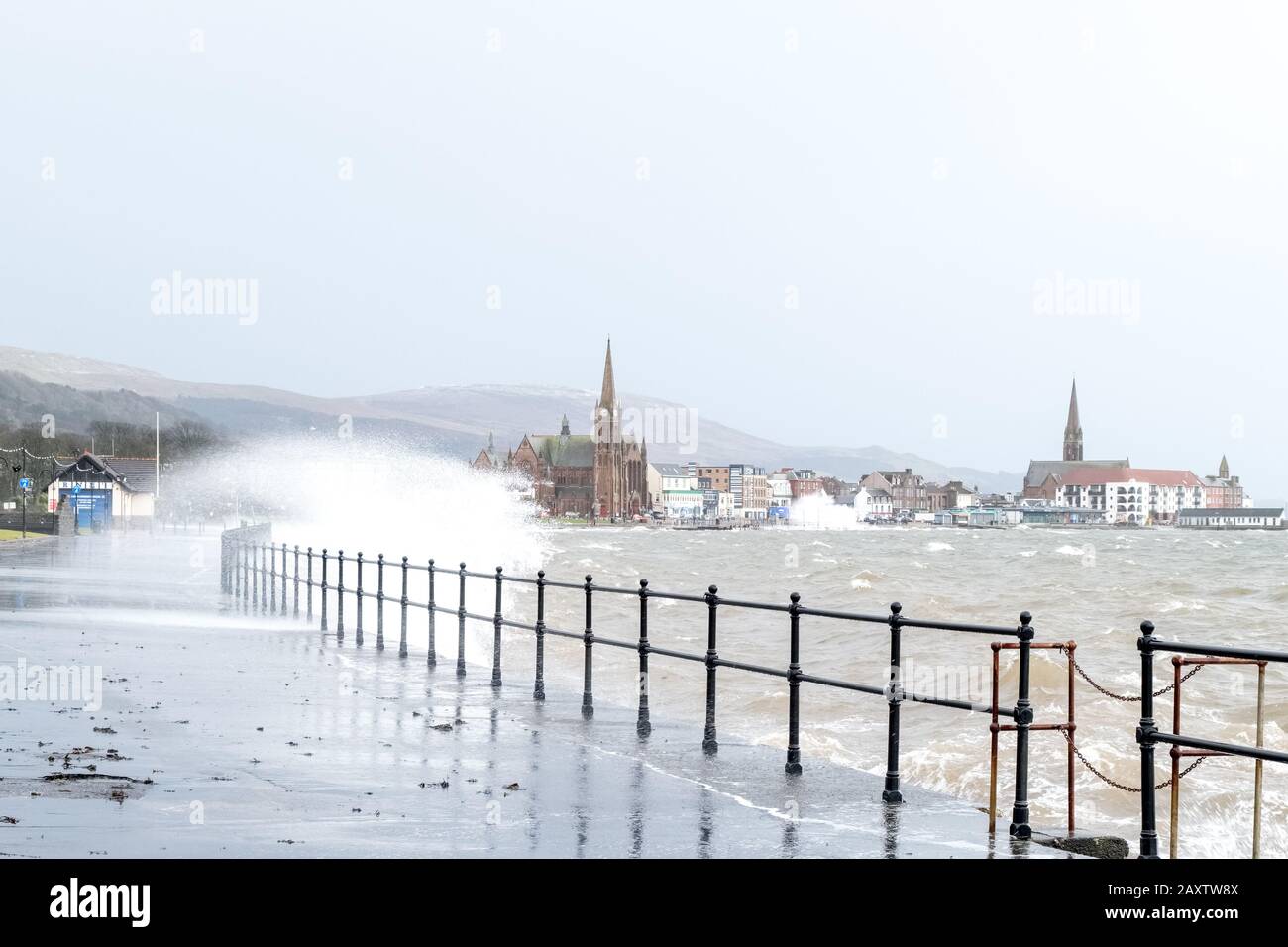Largs, Scotland, UK - February 10, 2020: Largs promenade at high tide ...
