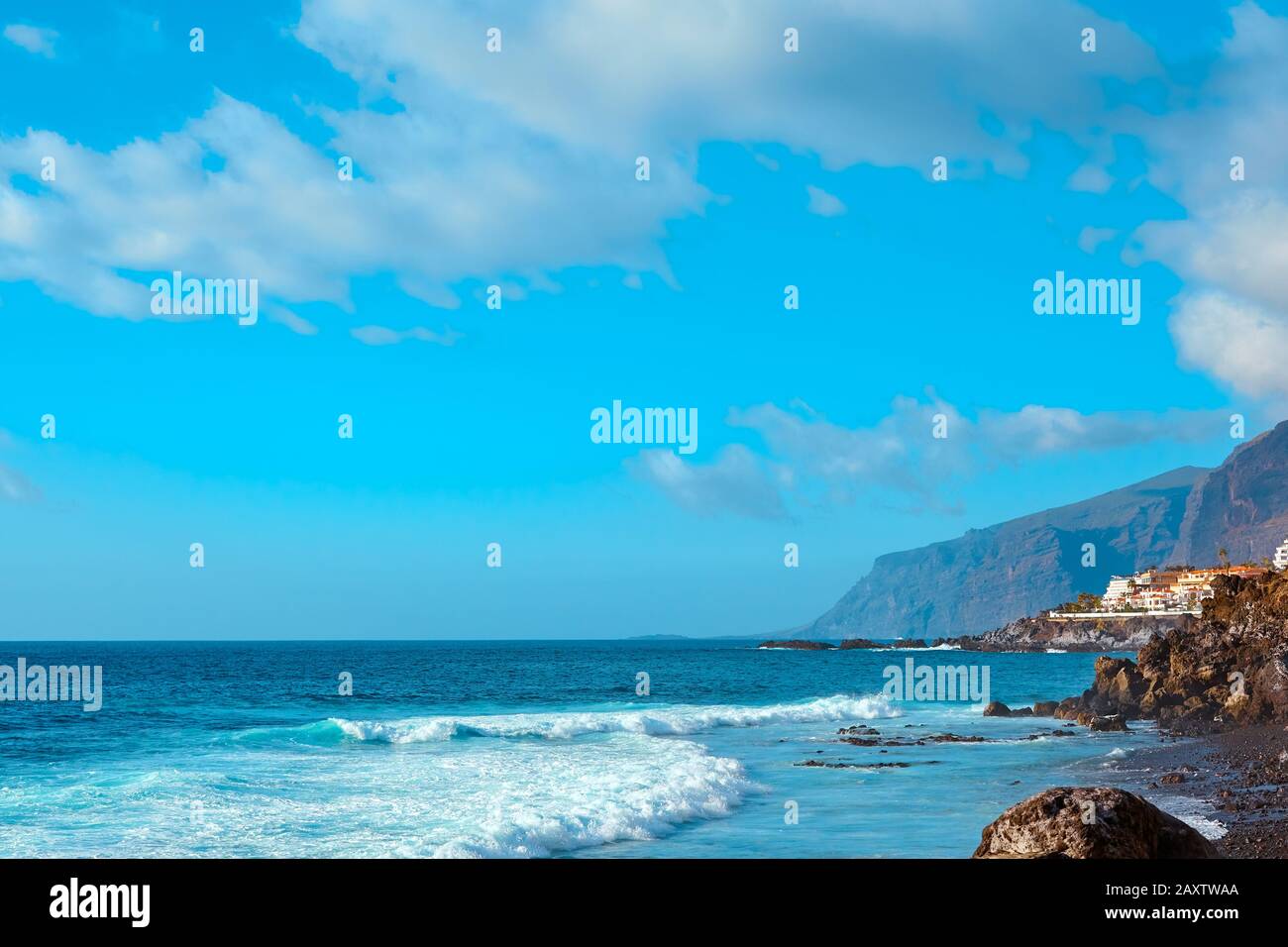 Amazing panoramic view on Canary islands. Ocean waves on the coast of ...