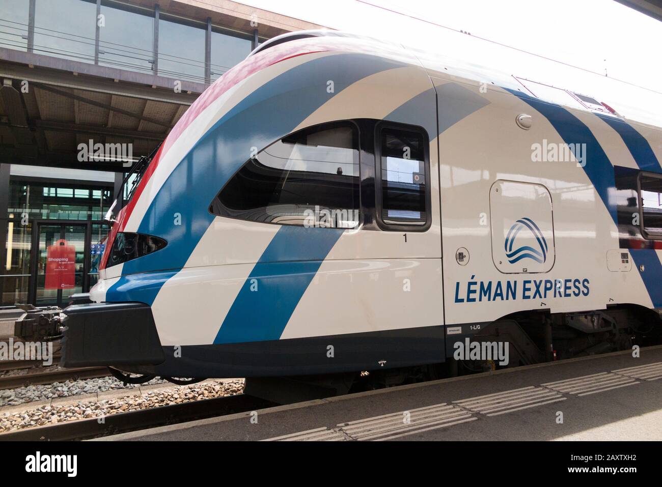 Leman Express train railway engine and carriage / carriages at platform ...