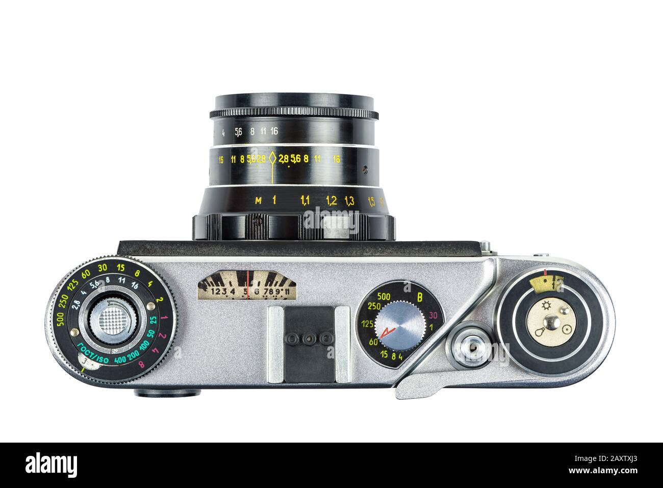 Top view of vintage analog camera isolated on white background with ...