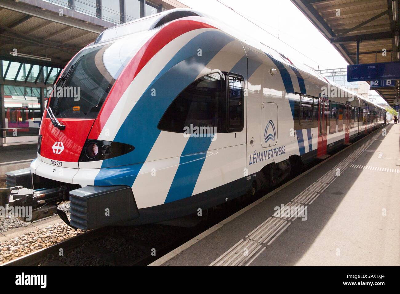 Leman Express train railway engine and carriage / carriages at platform ...