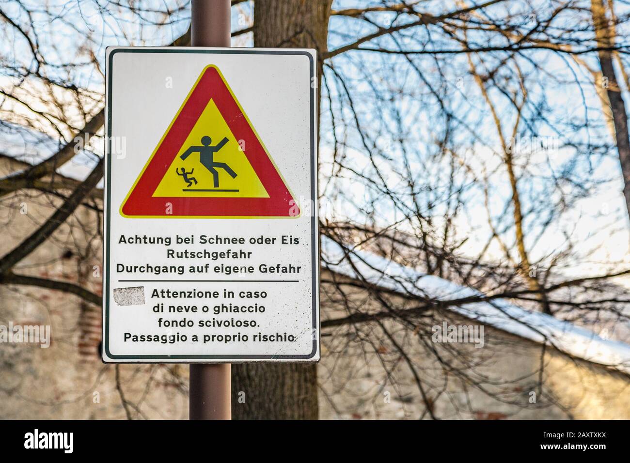 Brunico (BZ), February 12, 2019: sunlight is enlightening slip warning ... Brunico (BZ), February 12, 2019: sunlight is enlightening slip warning ...