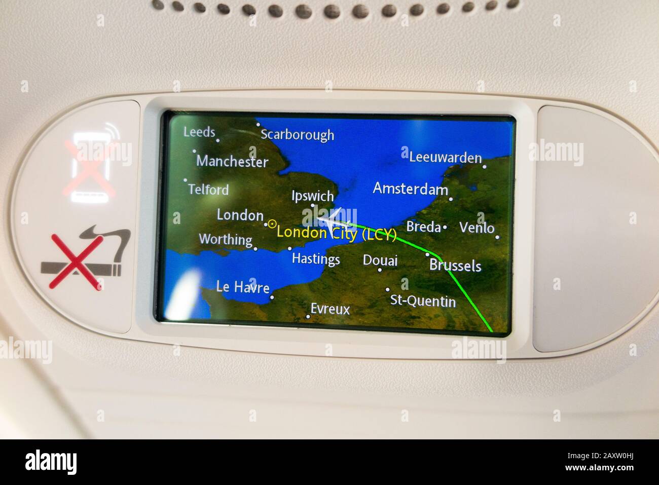 Aeroplane / air plane cabin flight position map display on TV screen ...