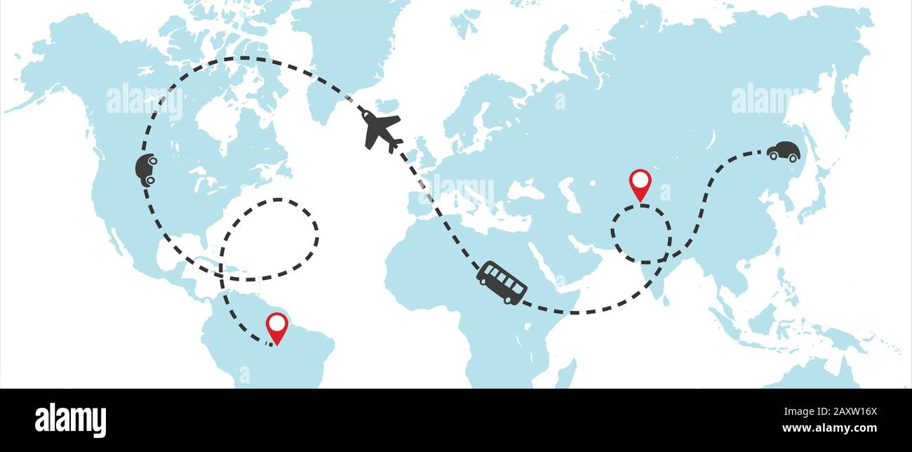 World Map Whit Dashed Trace Line And Airplanes Flying Bus Driving And