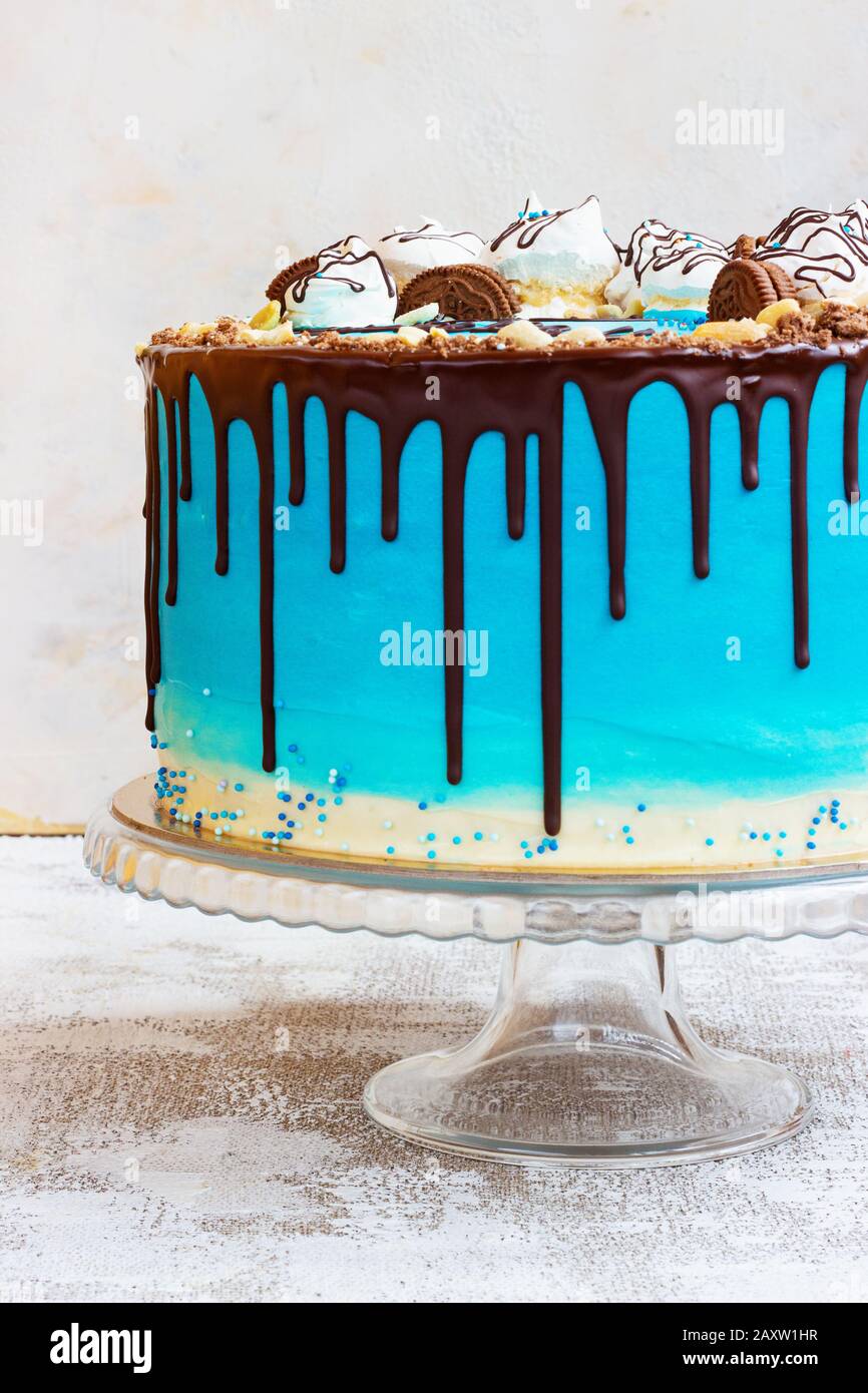 Blue cream cake in a marine style on a light backgroundwith chocolate ...