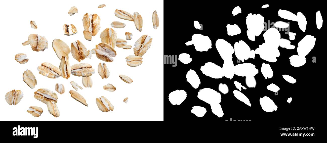 Oatmeal, falling oat flakes isolated on white background with clipping ...