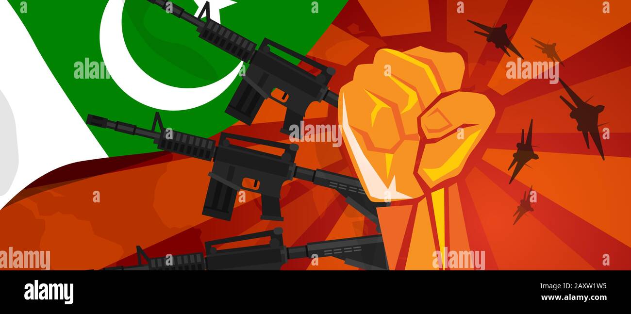 Pakistan war propaganda hand fist strike with arm weapon plane and flag ...