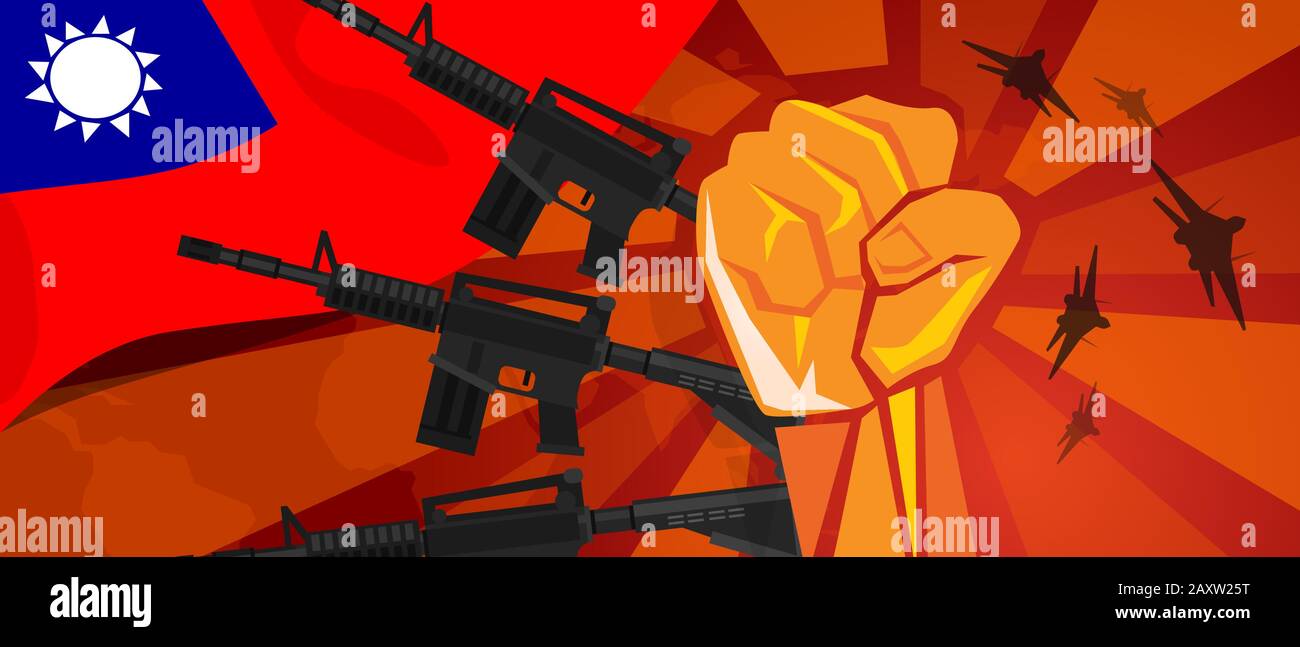 Taiwan war propaganda hand fist strike with arm weapon plane and flag ...