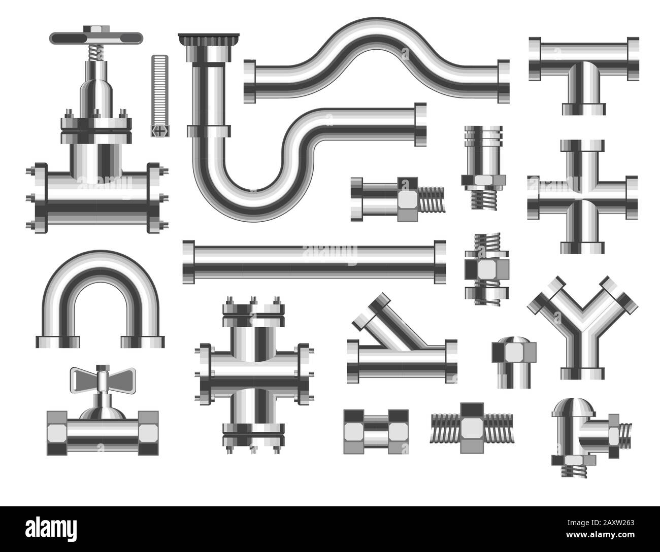 Plumbing isolated icons, pipes and tubes, crane and piping Stock Vector ...