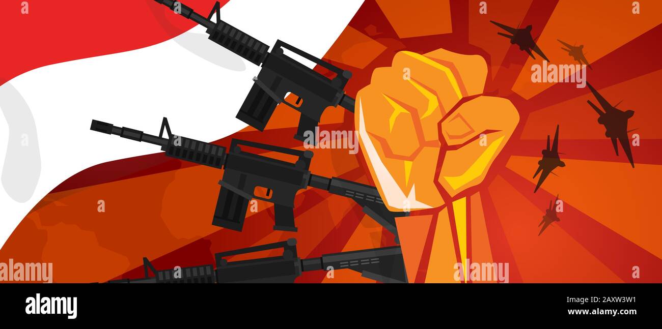 Indonesia Retro style of war propaganda hand fist strike with arm plane ...