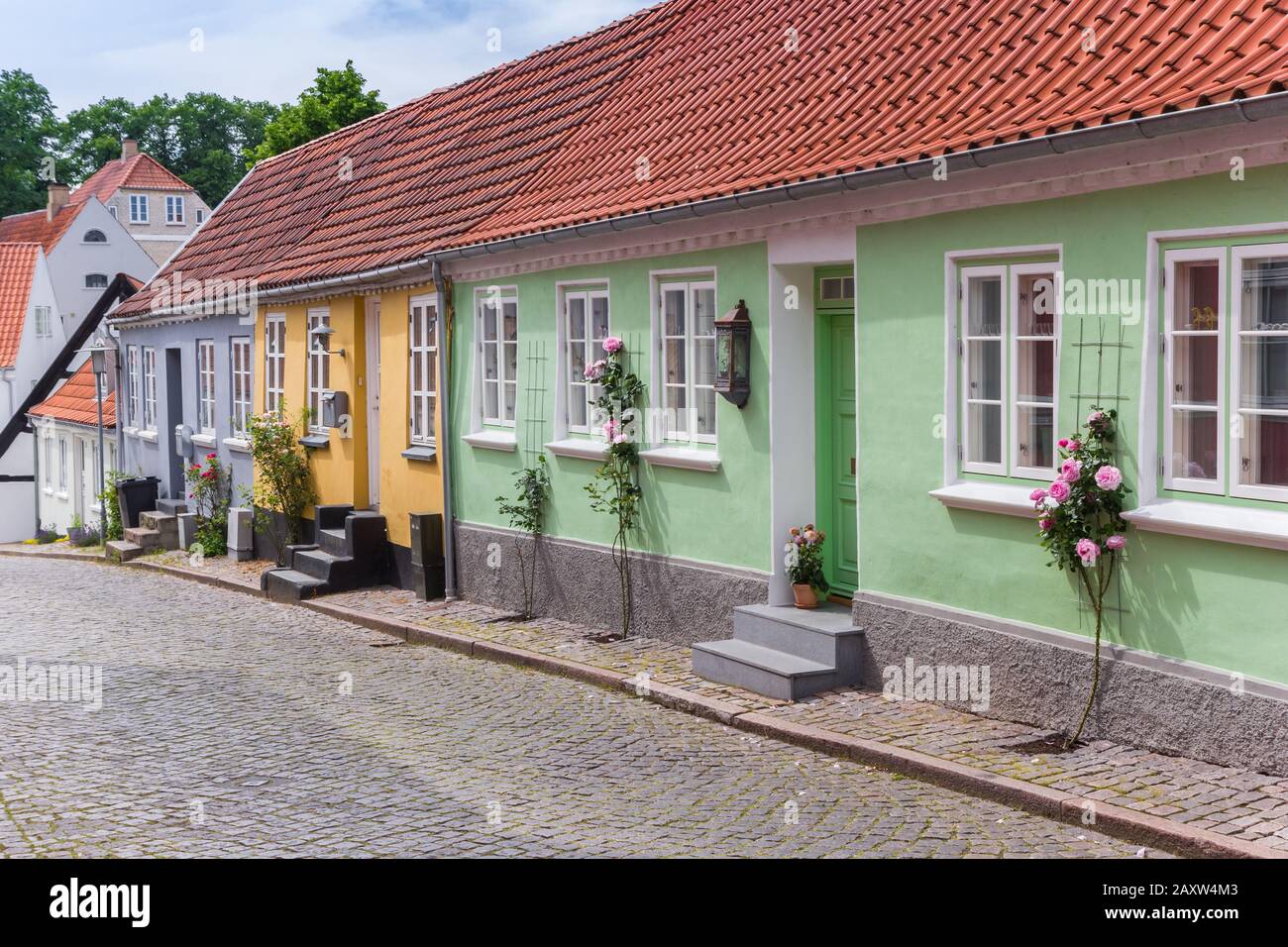 Colorful historic houses in a cobblestoned street of Haderslev, Denmark ...