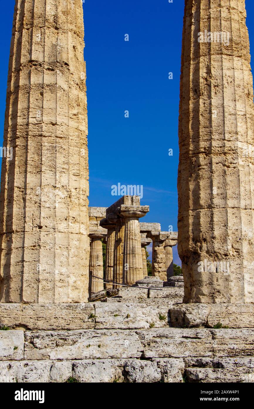 Internal view of greek Temple of Hera-II in the archaeological site of ...