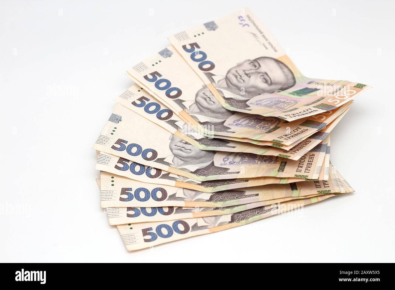 Stack of new banknotes in denominations of 500 Ukrainian hryvnias ...