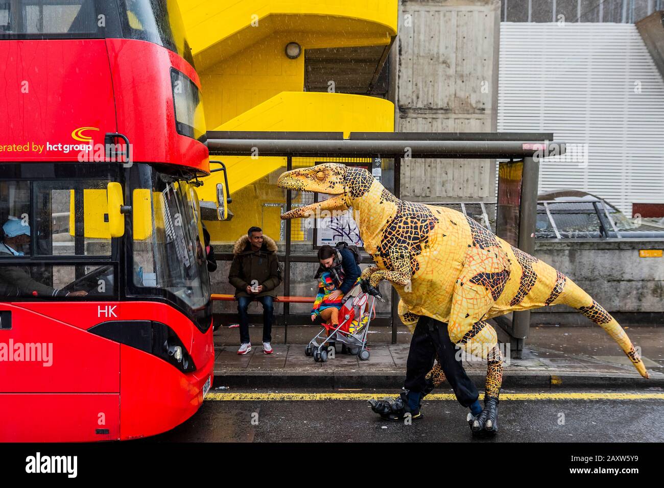 London, UK. 13th Feb, 2020. Fukui raptor on waterloo bridge - realistic ...