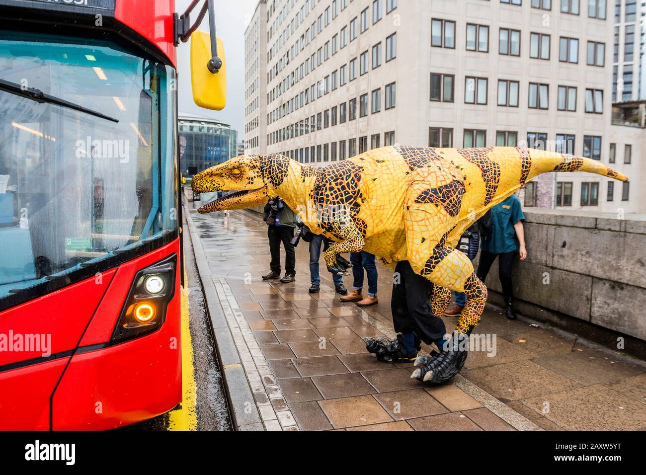 London, UK. 13th Feb, 2020. Fukui raptor on waterloo bridge - realistic ...