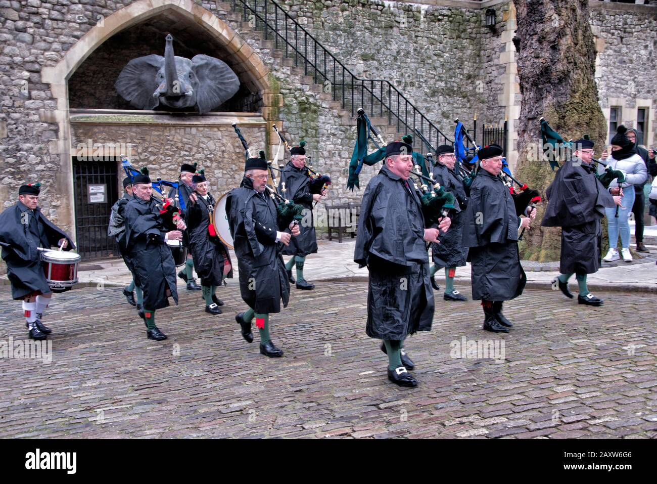 9 February 2020, Green hackle pipe band performing at the tower of ...