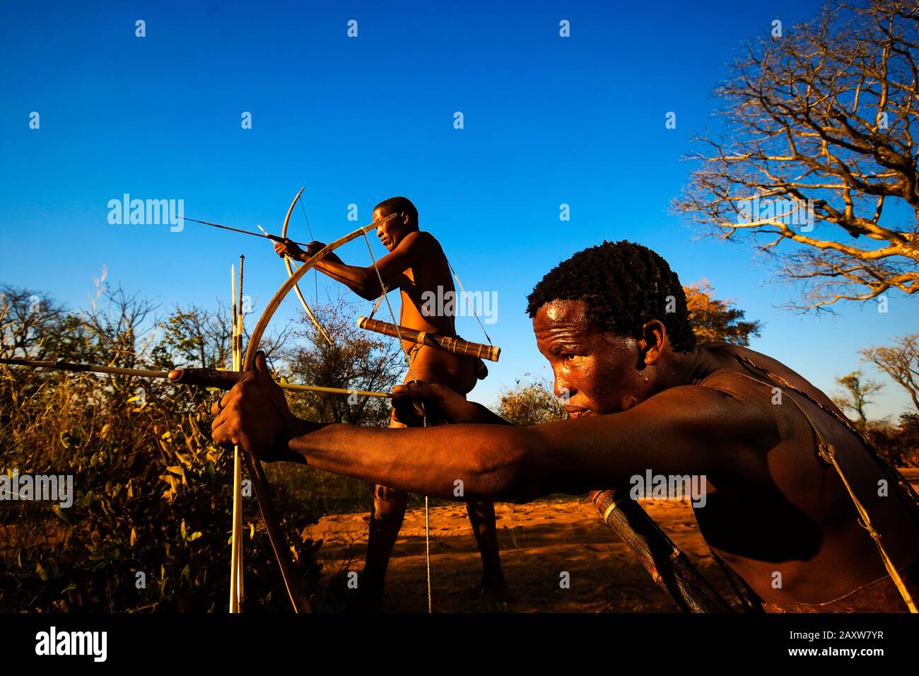 Bushmen simulating a hunt at Grashoek bushland, Namibia Stock Photo - Alamy
