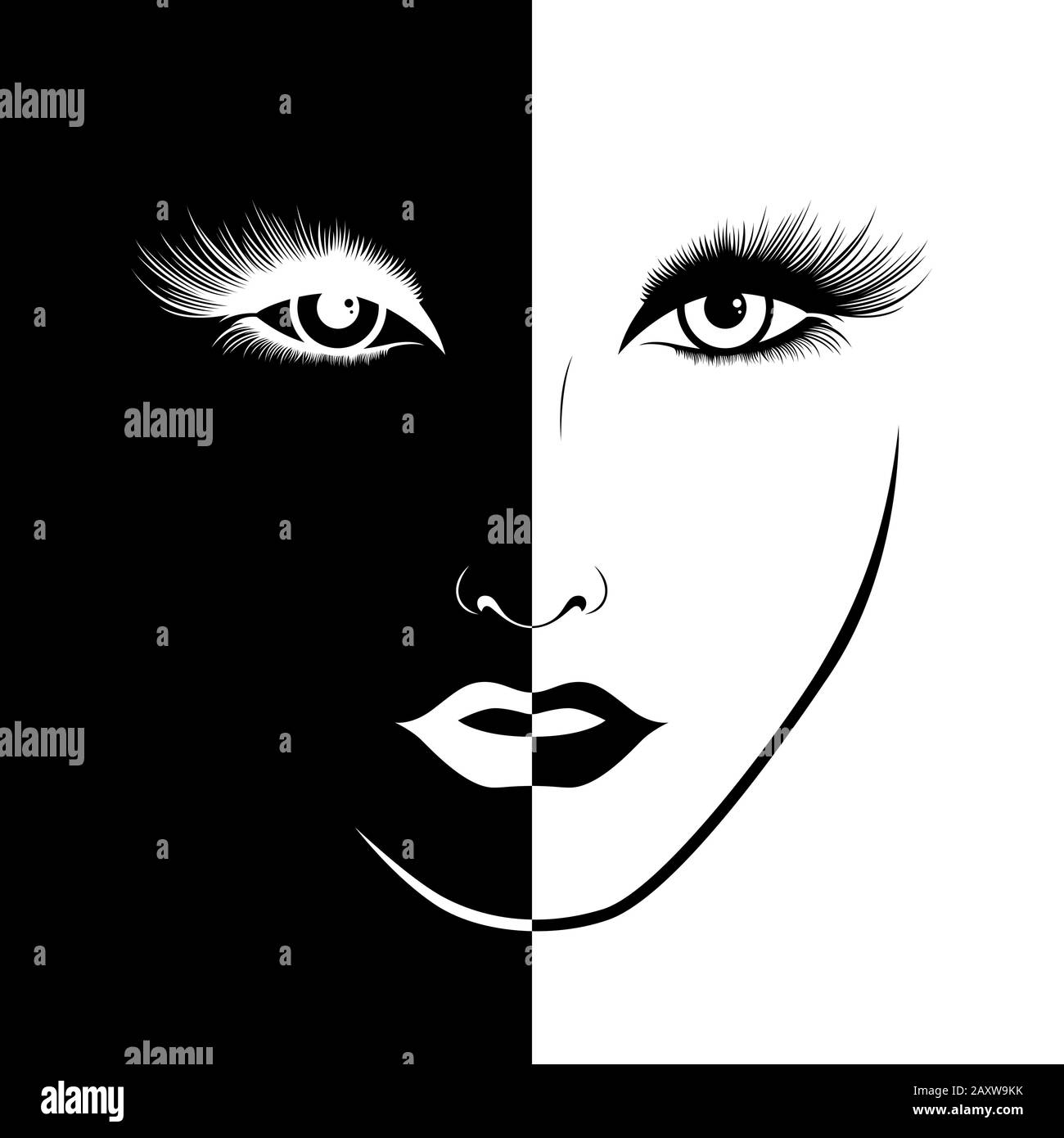 Abstract beautiful female face split in negative and positive space ...