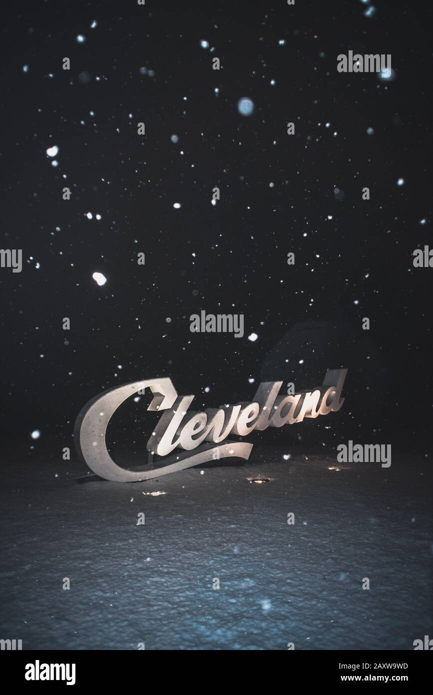 Cleveland Scripts Sign in Heavy Snow Stock Photo - Alamy