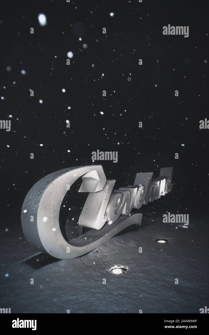 Cleveland Scripts Sign in Heavy Snow Stock Photo - Alamy