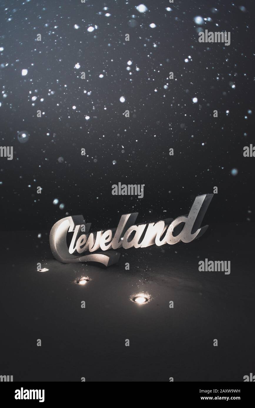 Cleveland Scripts Sign in Heavy Snow Stock Photo - Alamy
