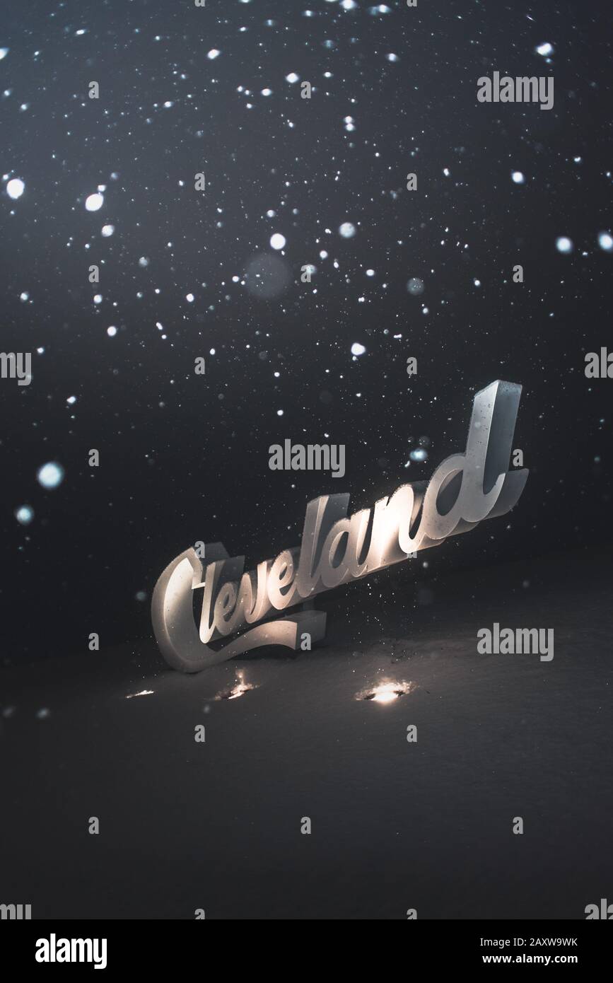 Cleveland Scripts Sign in Heavy Snow Stock Photo - Alamy