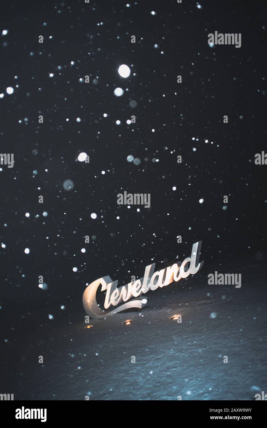 Cleveland Scripts Sign in Heavy Snow Stock Photo - Alamy