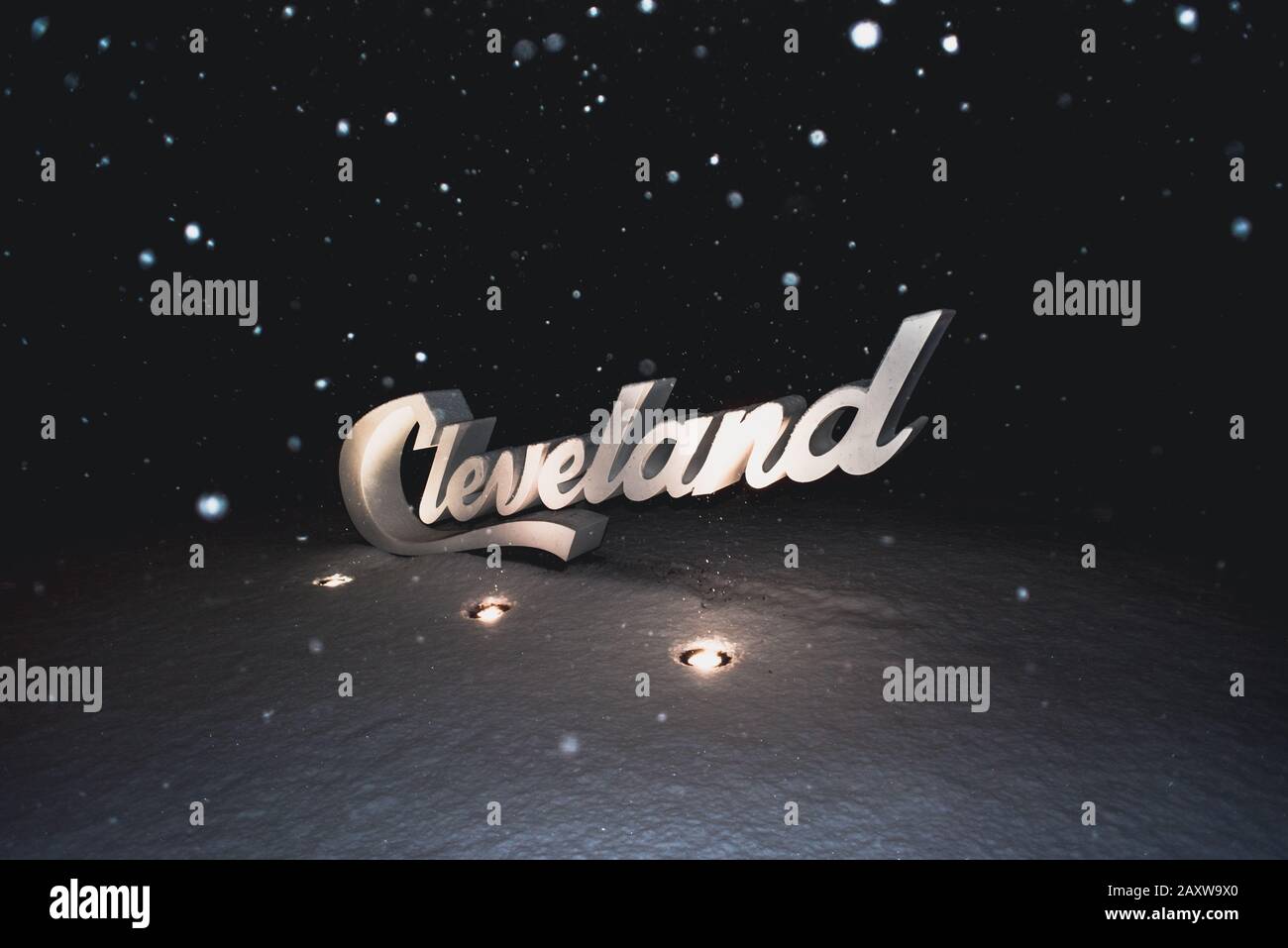 Cleveland Scripts Sign in Heavy Snow Stock Photo - Alamy