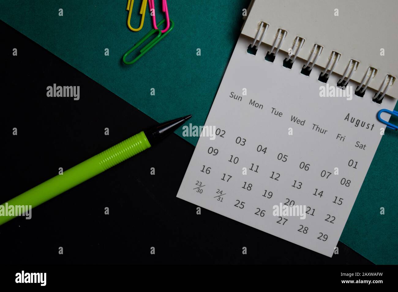 Top view August monthly Calendar isolated on office desk Stock Photo ...