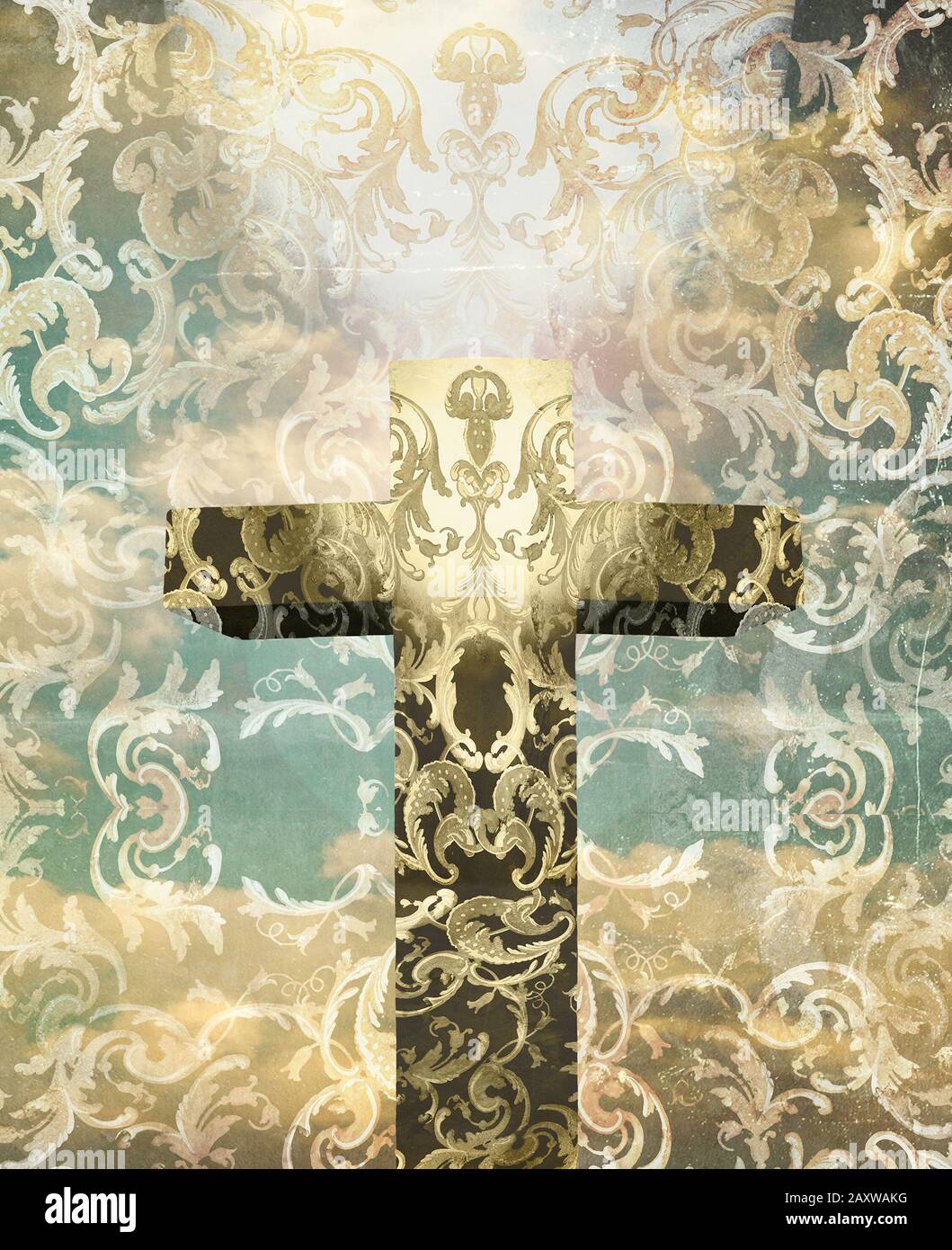 Artistic Crucifix in vintage collage baroque style on a background with ...