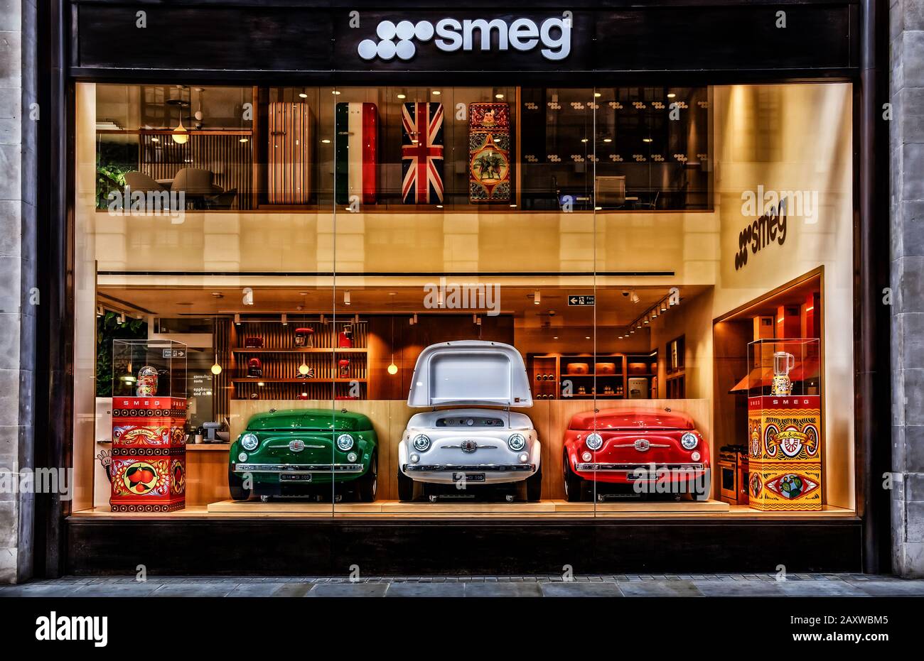 London, UK, March 2019, three cars displayed in a Smeg window-shop by ...