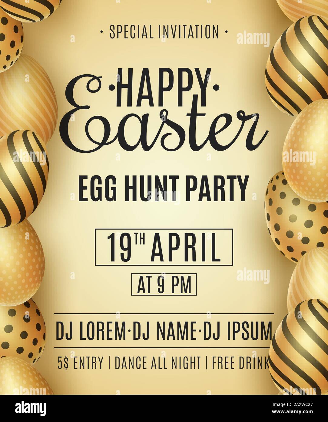 Easter party flyer. Golden eggs with a pattern. DJ and club name ...