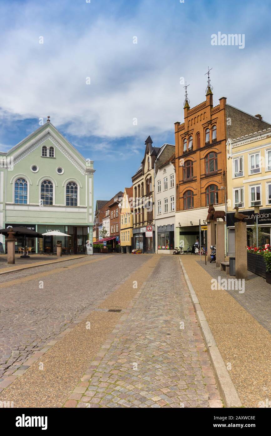 Cobblestoned street in the historic center of Haderslev, Denmark Stock ...