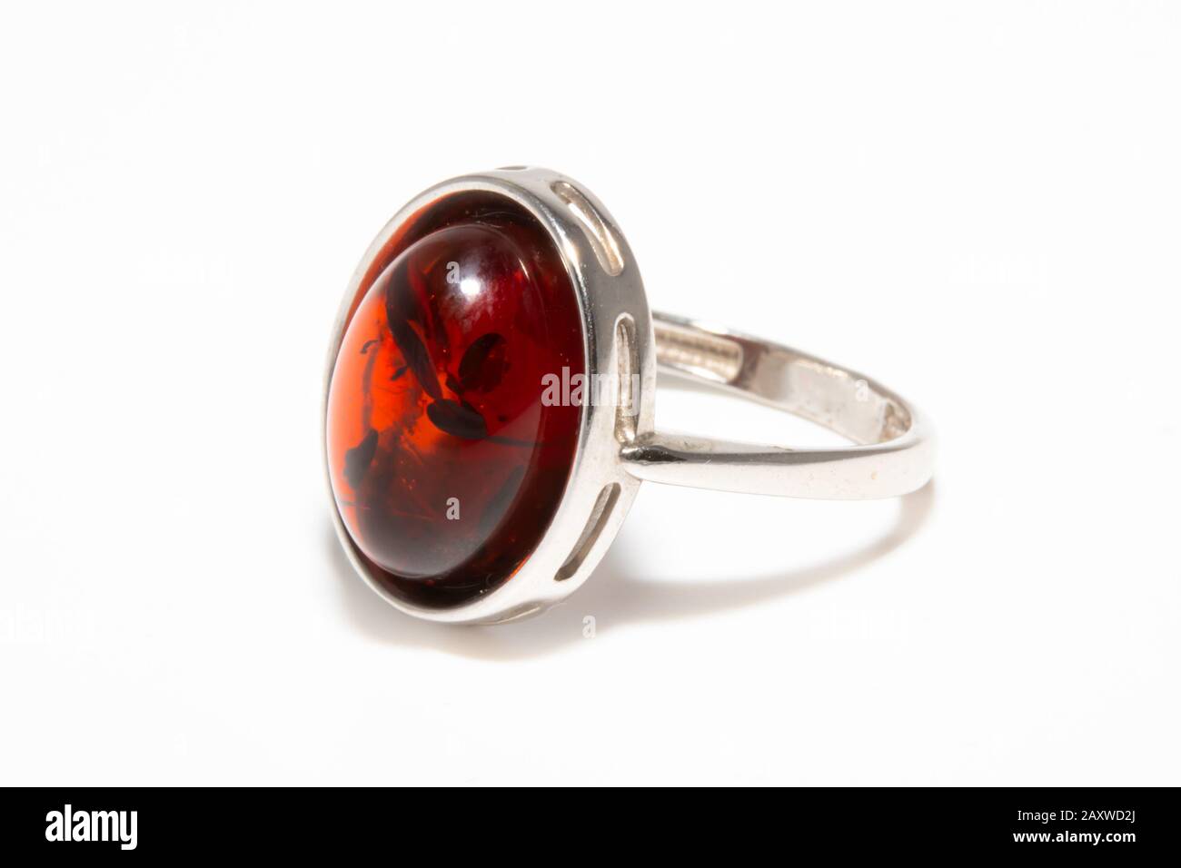 Beautiful silver ring with amber and insect inside isolated on white ...
