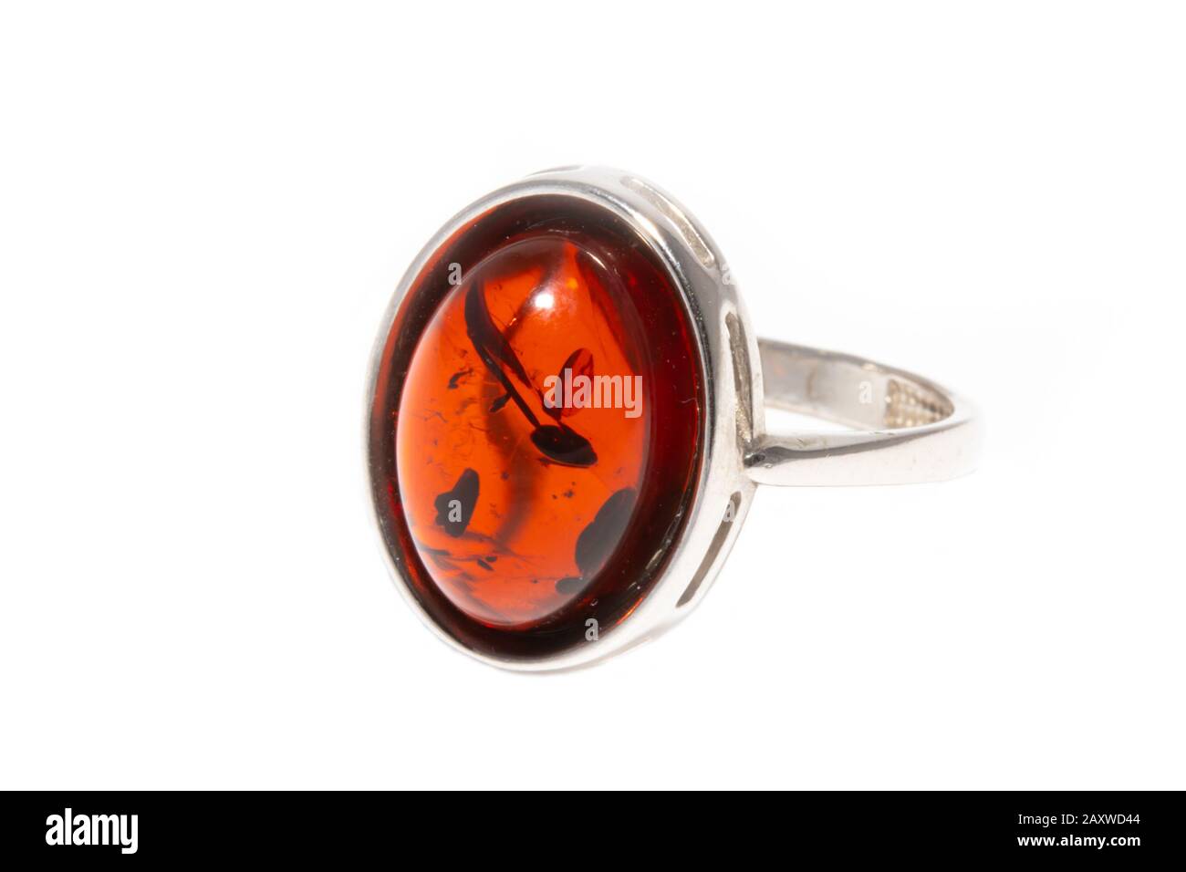 Beautiful silver ring with amber and insect inside isolated on white ...