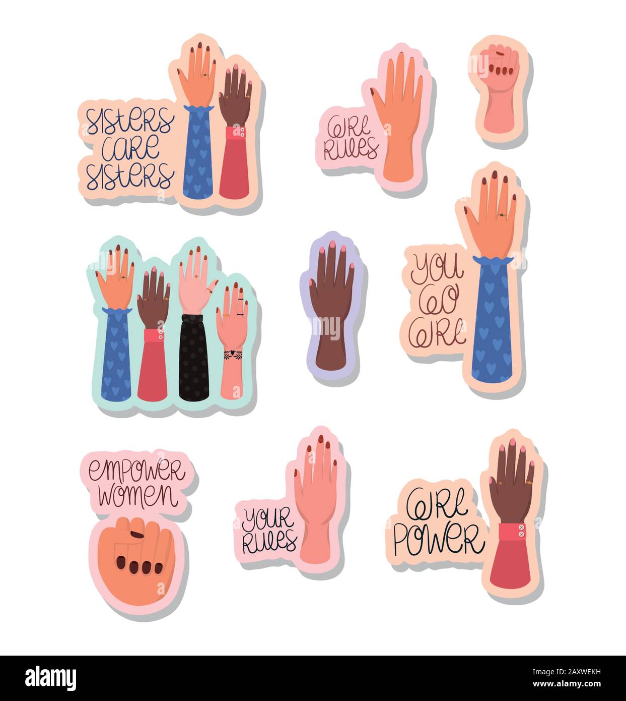 Hands and texts stickers set of women empowerment vector design Stock ...