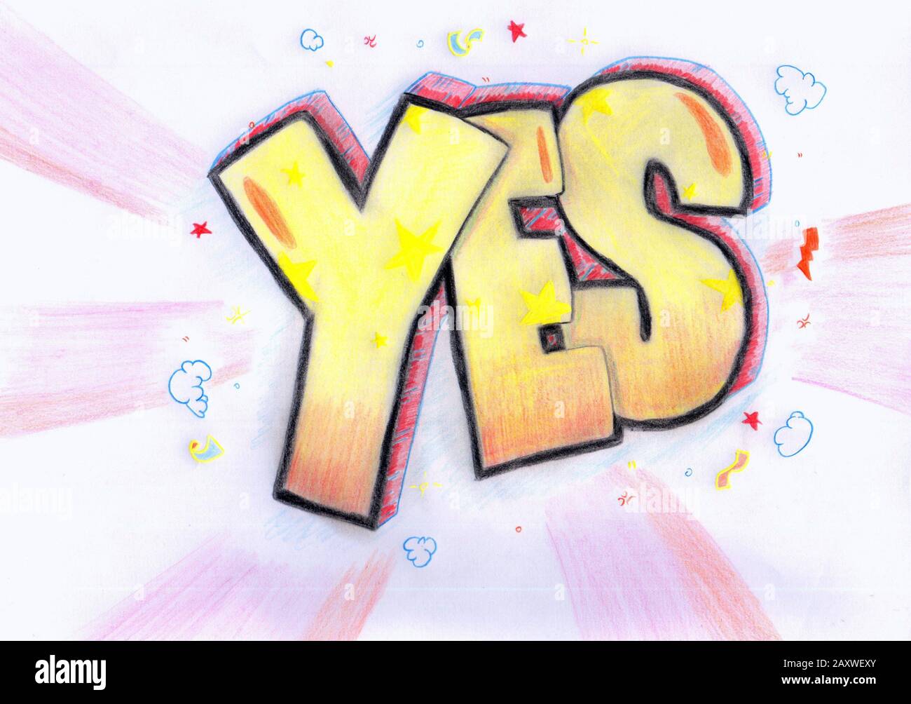 Hand drawn Yes word, colorful pencil art, abstract positive comic book ...
